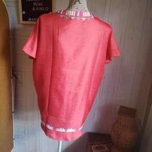 miss look | Tops | Miss Look Coral Floral Tie Neck Blouse Lg | Poshmark